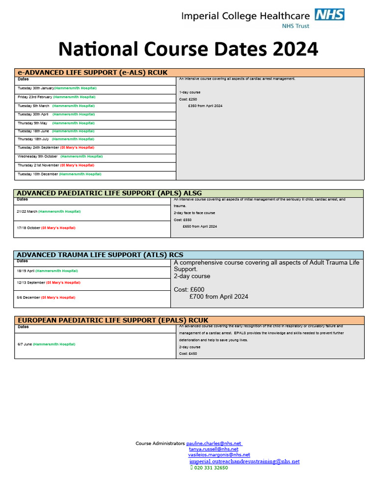 2024 Life Support Course Dates | PDF | Hospital | Clinical Medicine