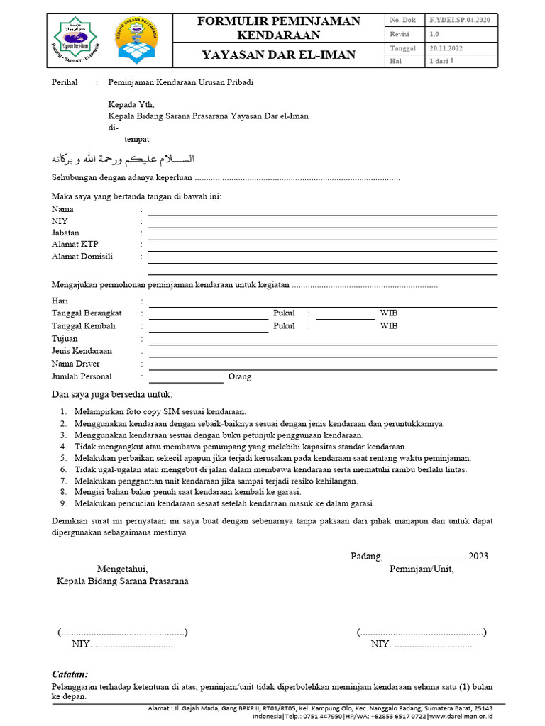 Form Peminjam Kendaraan | PDF