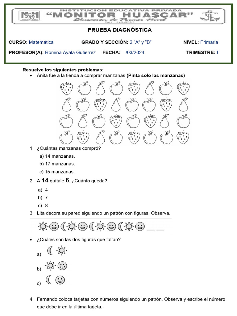 Prueba Diagnostica 2°primaria-Matemática | PDF
