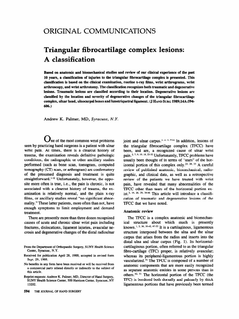 Triangular Fibrocartilage Complex Lesions- A Classification (Palmer Classification) | PDF ...