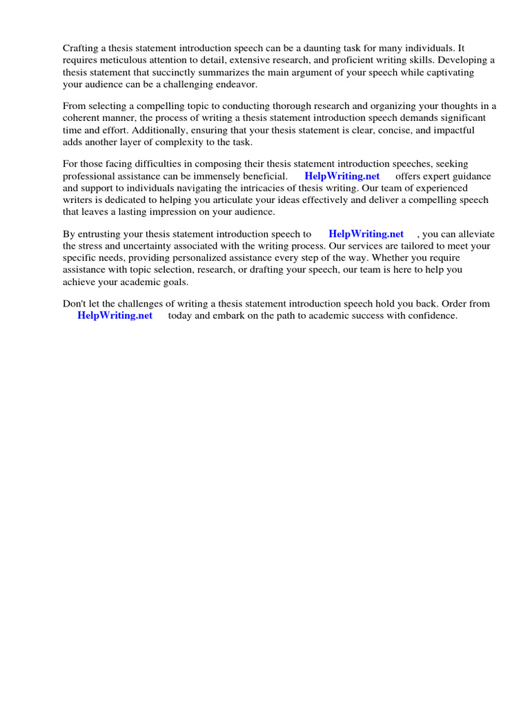 Thesis Statement Introduction Speech | PDF | Essays | Thesis Thesis Statement Introduction Speech | PDF | Essays | Thesis