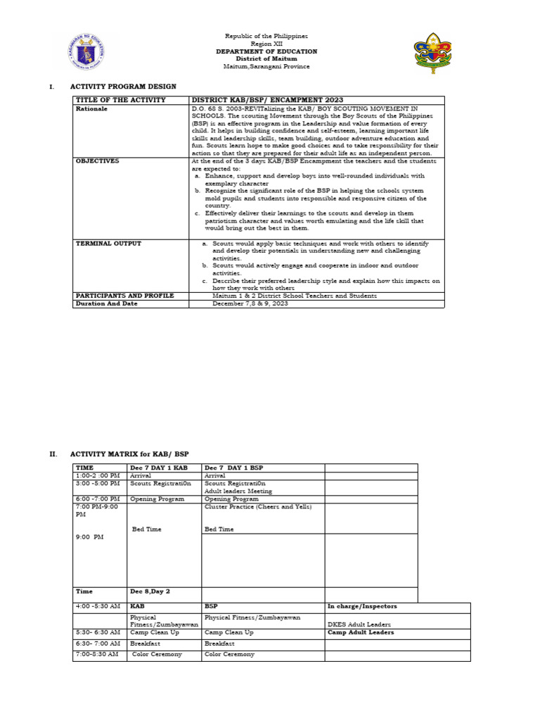 Activity Design BSP 2023 | PDF | Scouting