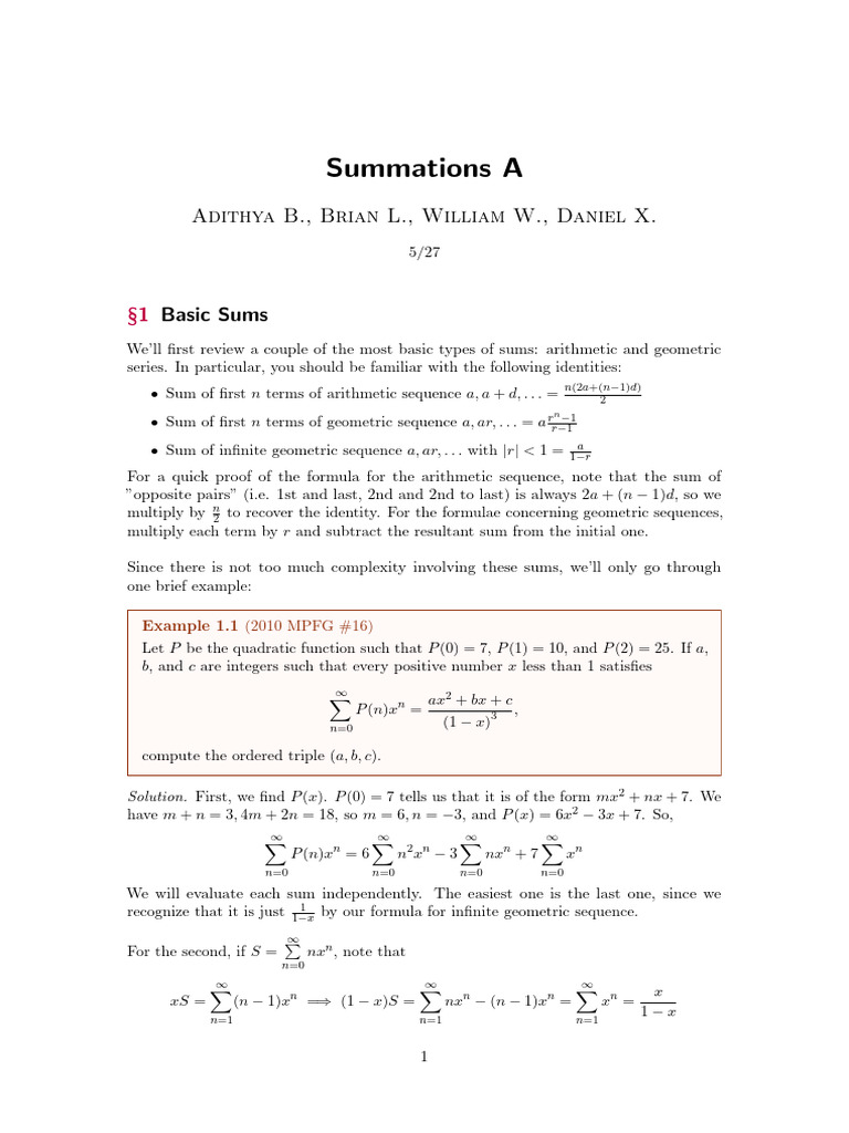 Summations A | PDF | Summation | Numbers
