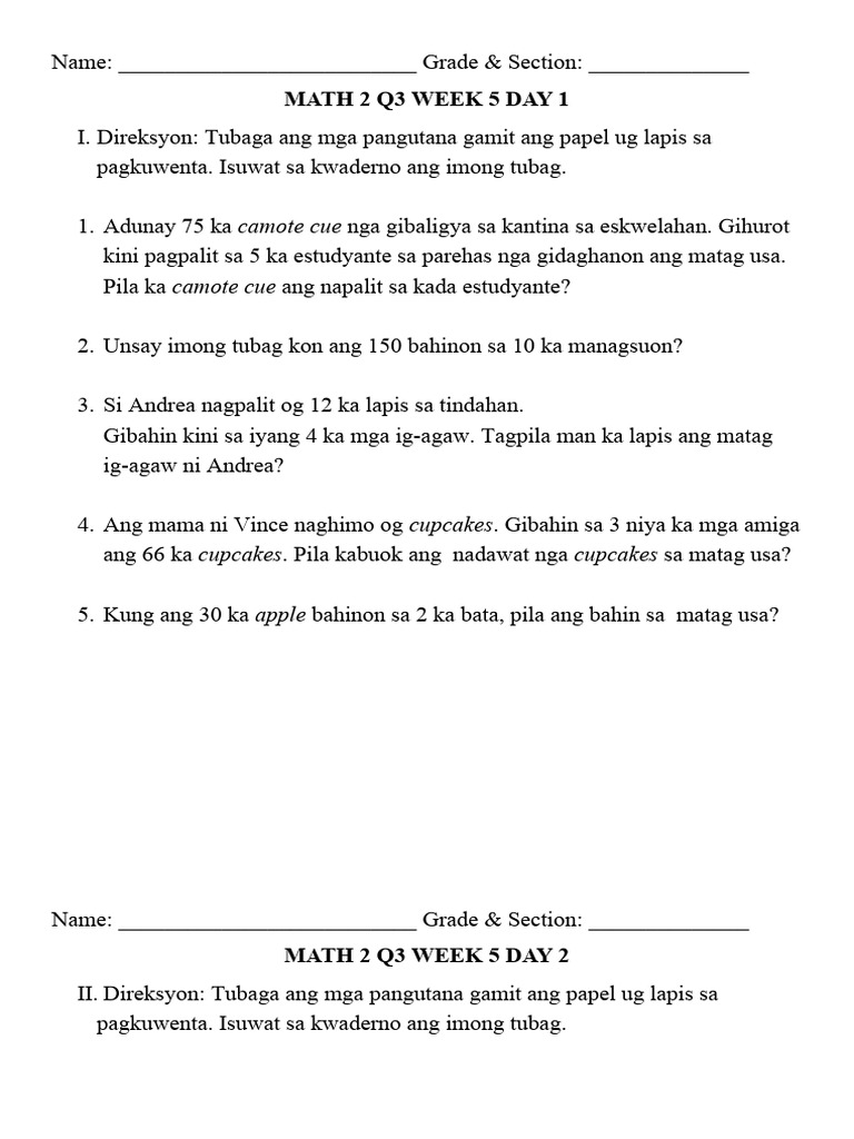 MATH 2 Activity Sheet Q3 W5 | PDF