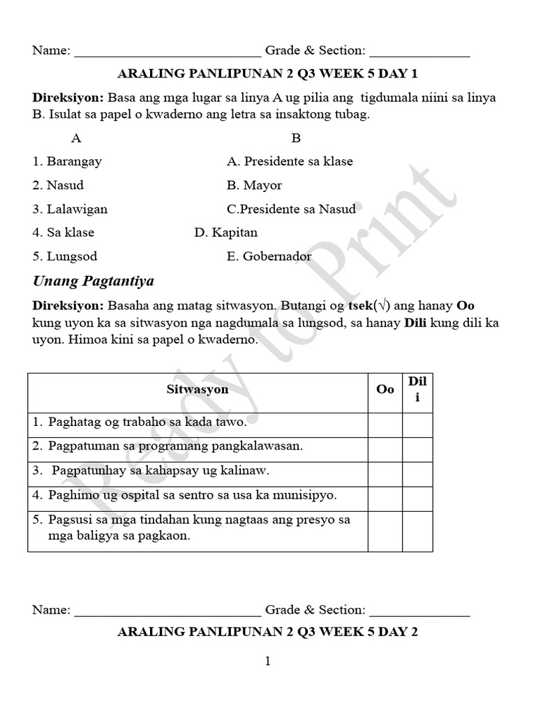 ARAL PAN 2 Activity Sheet Q3 W5 | PDF
