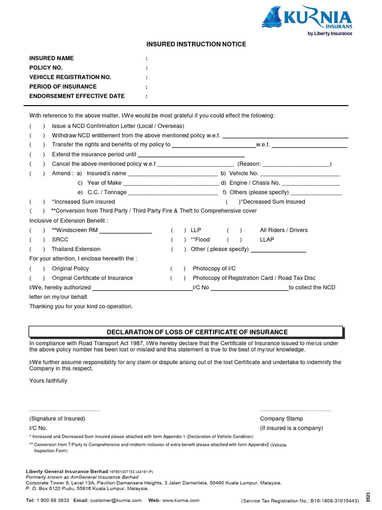 Insured Instruction Letter - Kurnia | PDF | Insurance | Transport