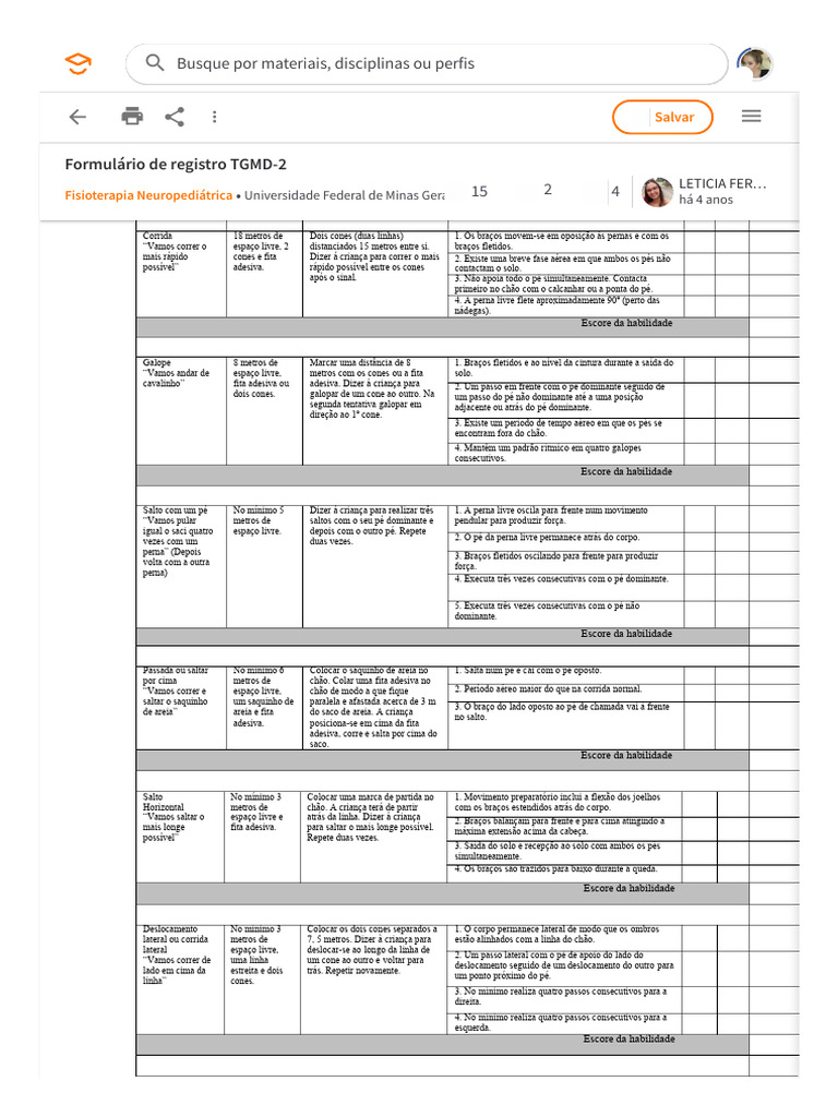 Formulário de Registro TGMD-2 - Passei Direto | PDF | Pé