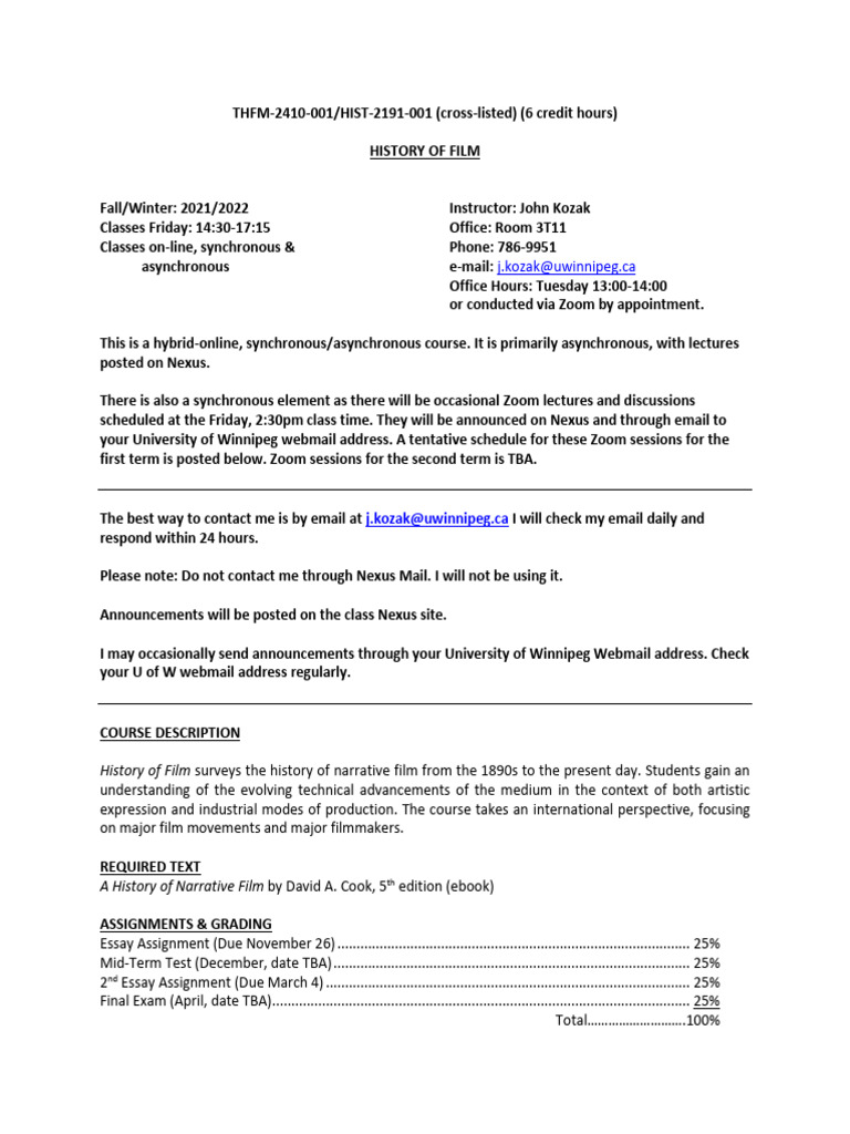 History of Film-THFM-2410-001, HIST-2191-001 | PDF | Plagiarism | Violence