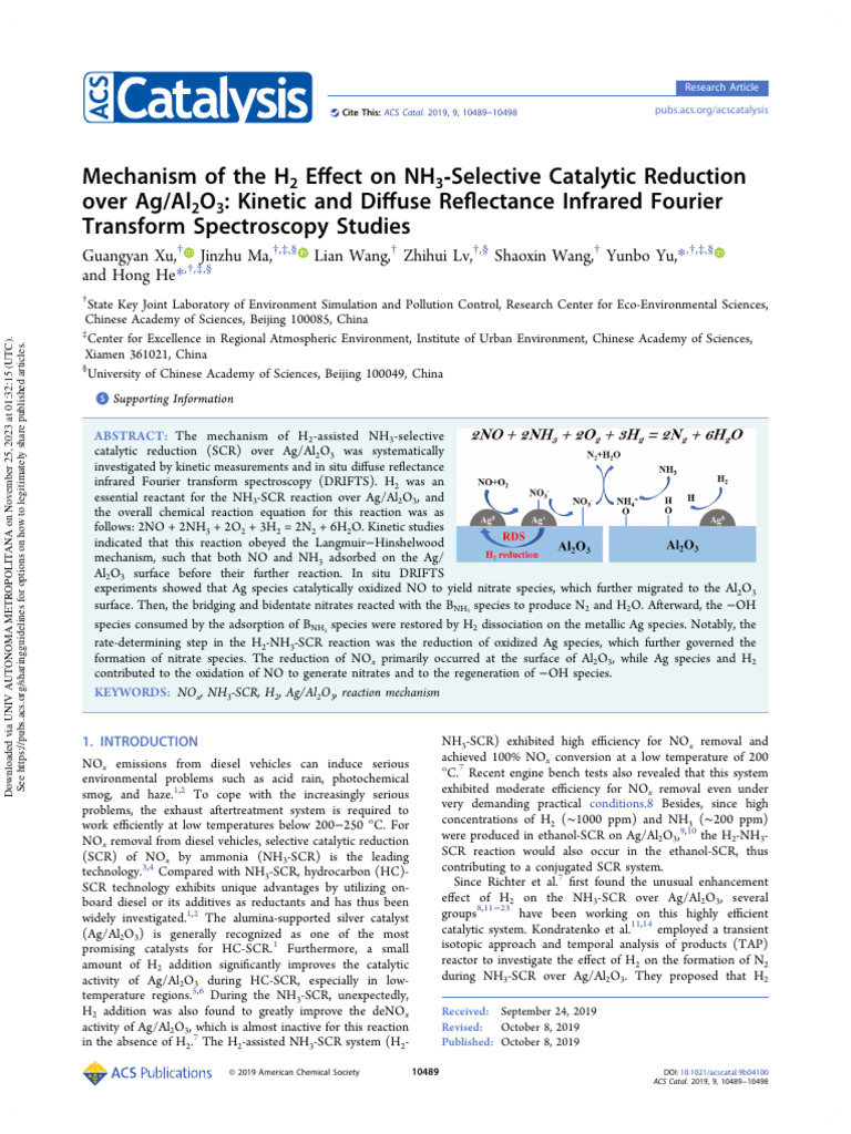 Xu Et Al 2019 Mechanism of The h2 Effect On nh3 Selective Catalytic ...