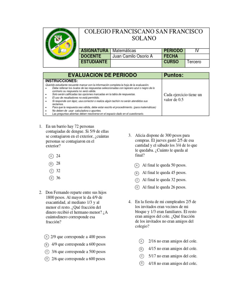 Examen Final Matematicas Grado Tercero Periodo IV | PDF