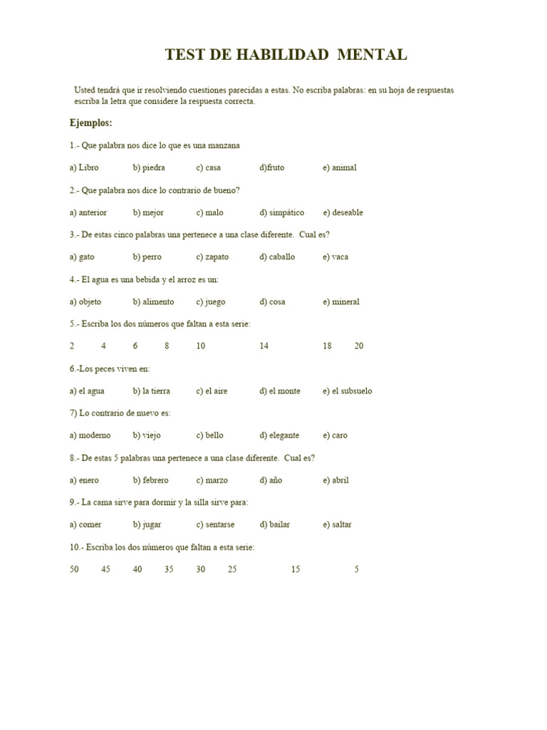 Test de Habilidad Mental: Ejercicios y Respuestas | PDF