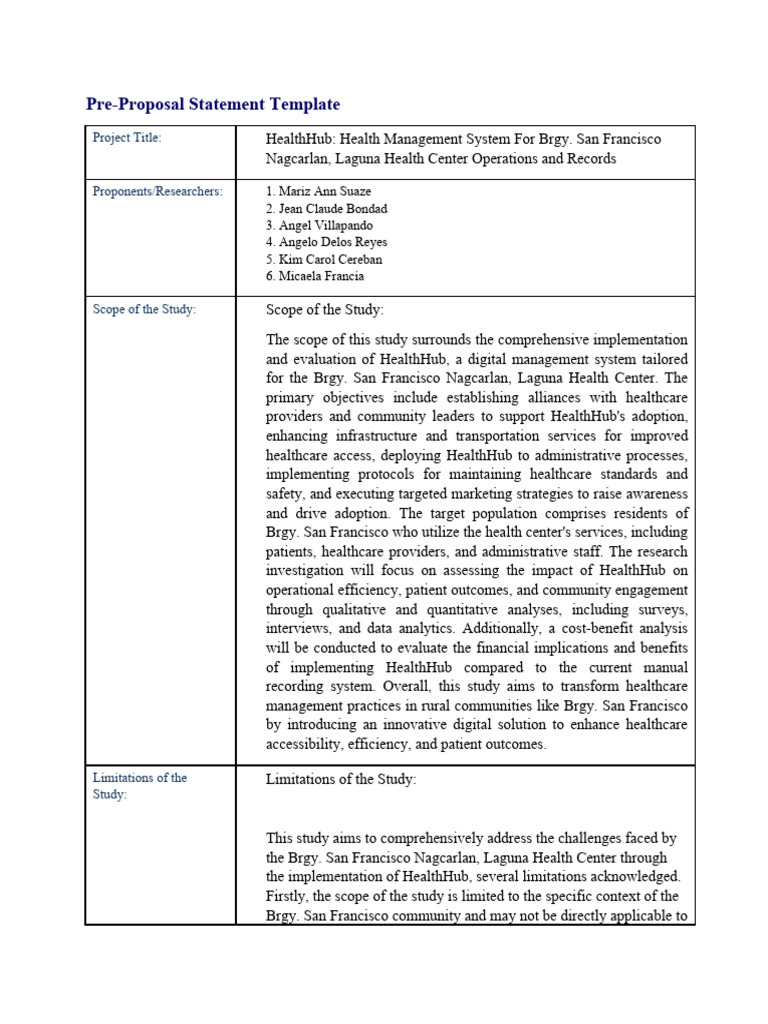 Pre Proposal Statement Template | PDF | Health Care | Specification ...