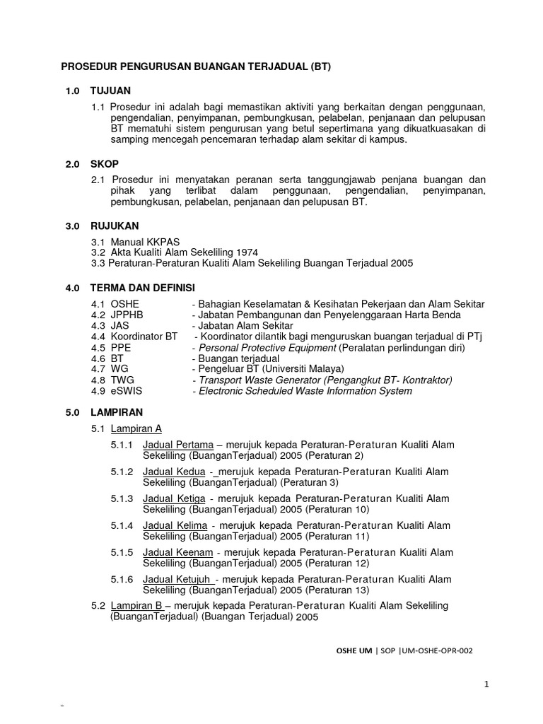 SOP UM-OSHE-OPR-002 Scheduled Waste Management | PDF