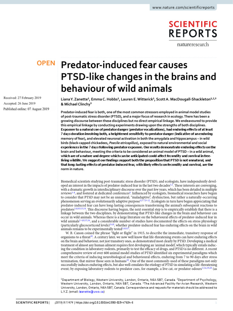 Predator-Induced Fear Causes Ptsd-Like Changes in The Brains and ...