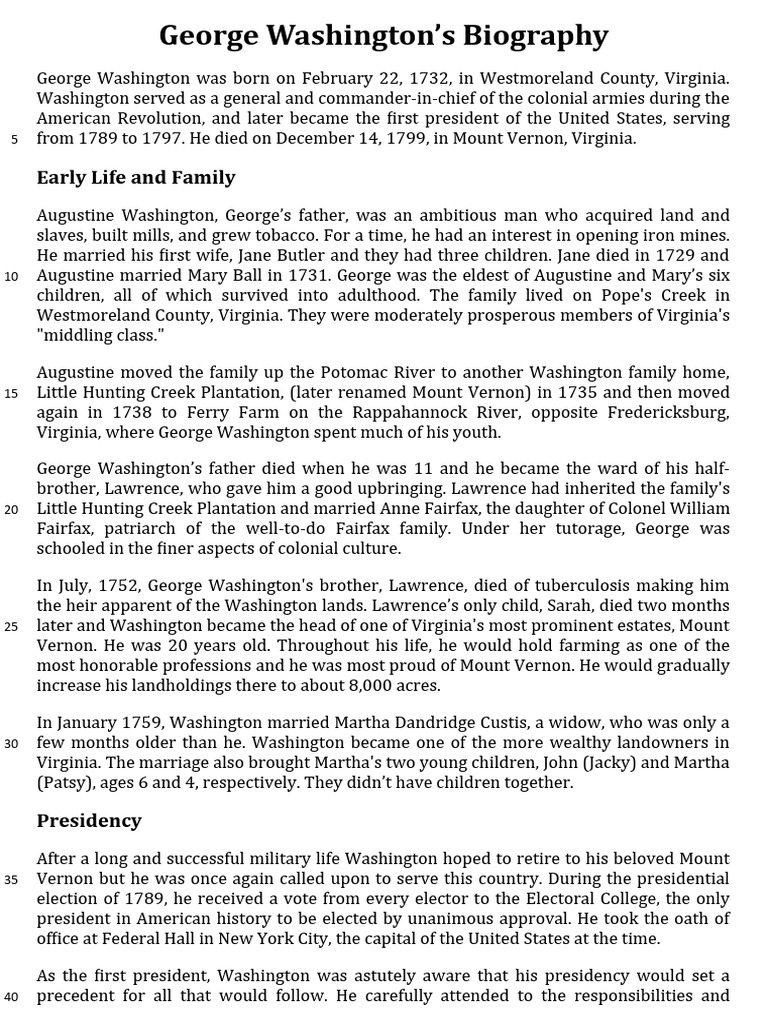 George Washingtons Biography Reading Comprehension Exercises - 92194 ...
