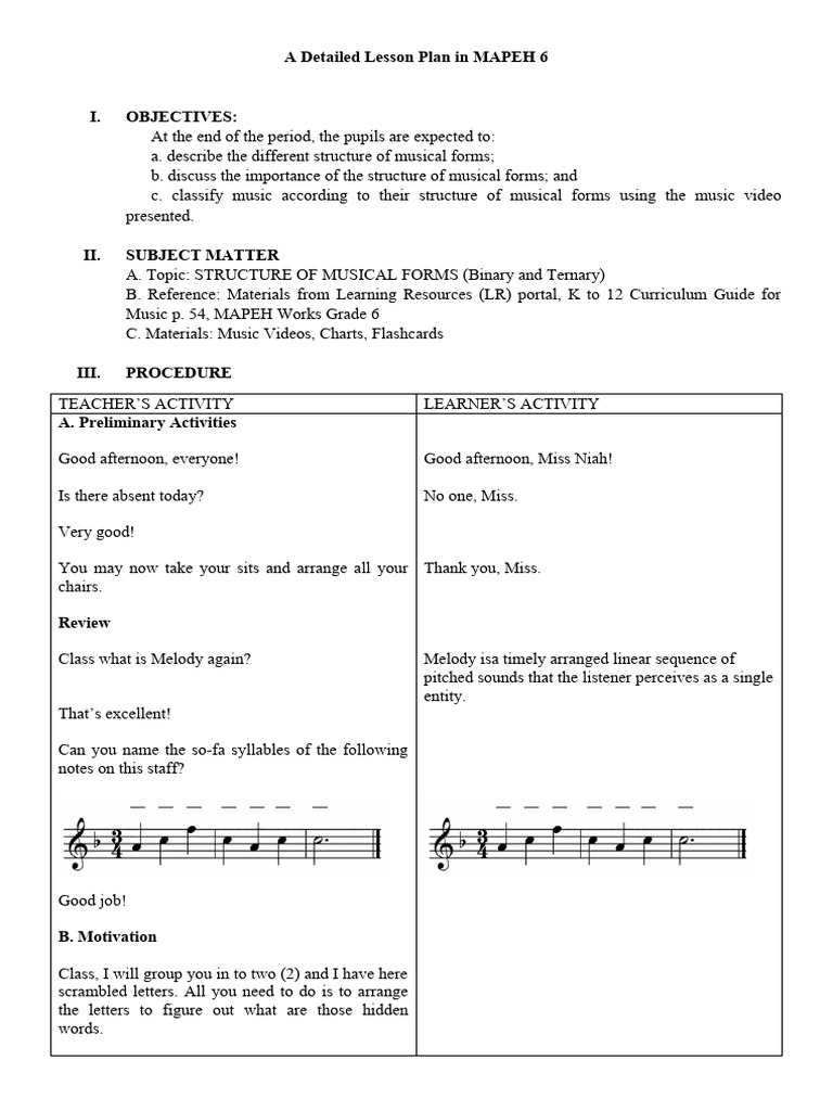 A Detailed Lesson Plan in MAPEH 6-MUSICAL FORMS | PDF | Musical Forms ...