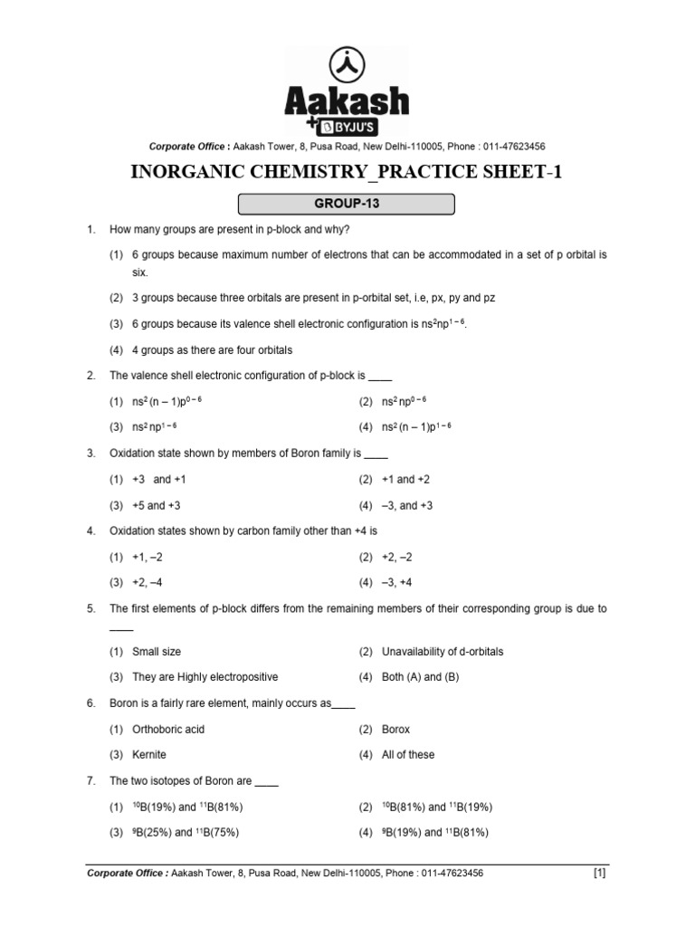 Inorganic Chemistry_Practice Sheet-1_Only Question | PDF | Sets Of Chemical Elements | Physical ...