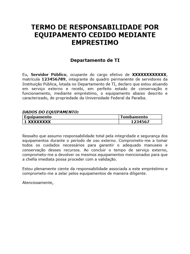 Modelo Do Termo de Responsabilidade - Empréstimo de Equipamentos | PDF