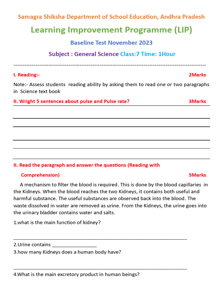 Year 7 Science Baseline Test 2023 | PDF | Blood | Kidney