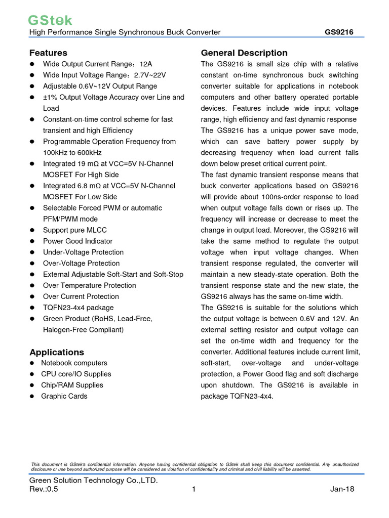 Features General Description: High Performance Single Synchronous Buck Converter | PDF