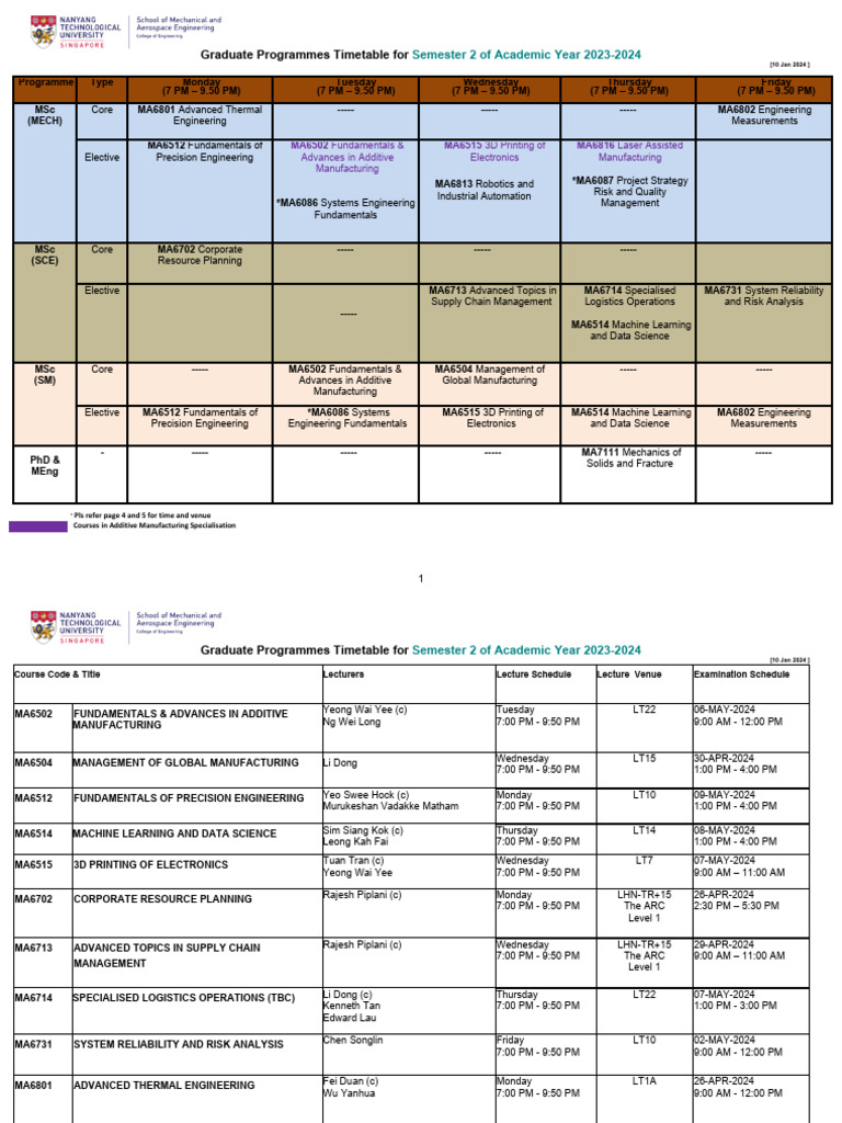 Website Mae PG Timetable For Ay2023 s2 - Rev3 - 16 Jan 2024 | PDF | Engineering | 3 D Printing