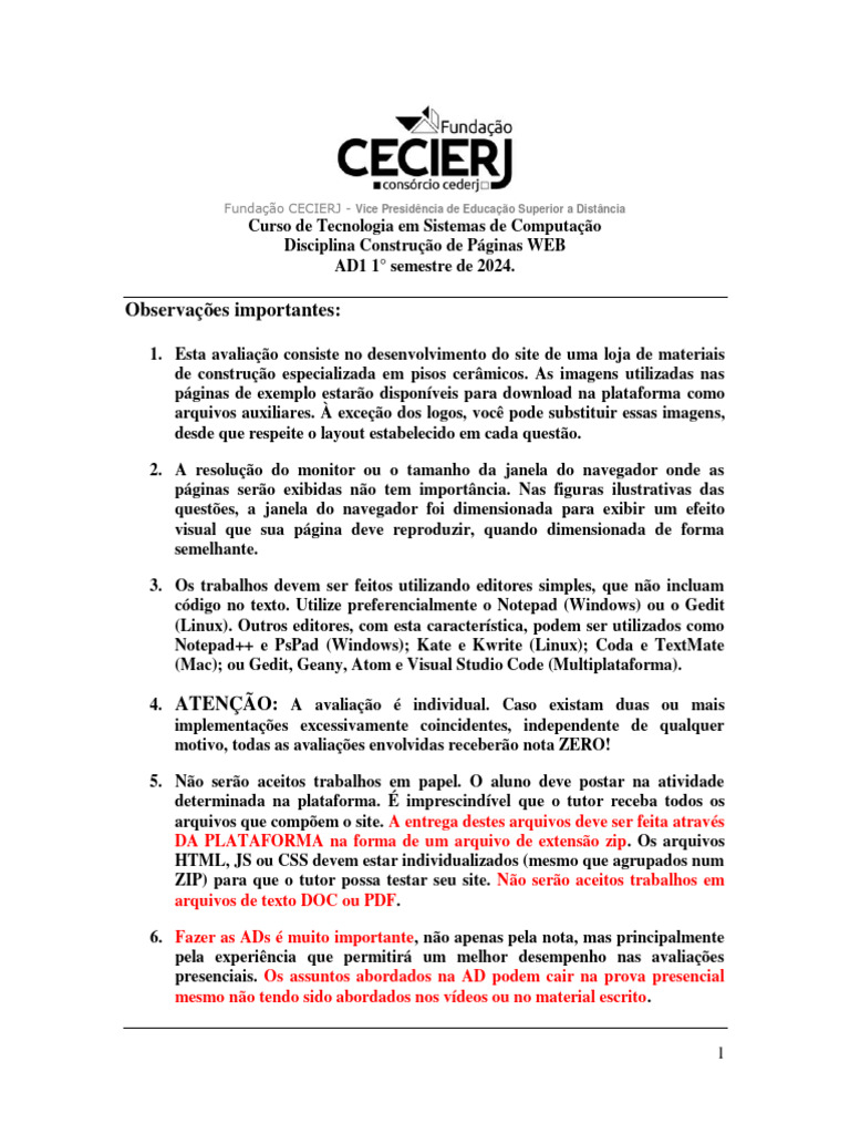 Ad1 Web 2024 - 1 | PDF | Html5 | Engenharia de Software