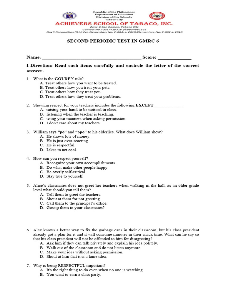 2nd PT GMRC 6 | PDF | Teachers