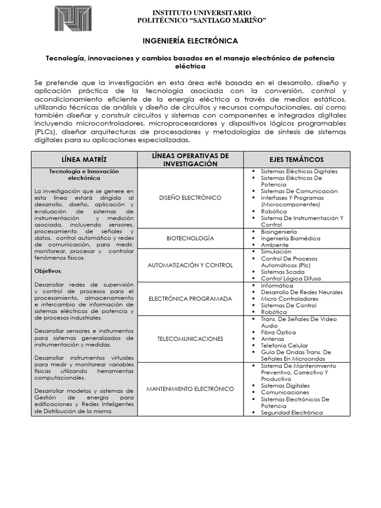 Lineas de Investigacion Ingenieria Electronica | PDF | Electrónica | Ingeniería Electrónica
