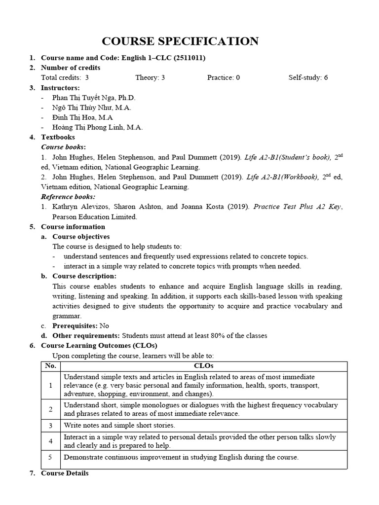 Course Specification - English 1 (CLC) | PDF | English Language ...