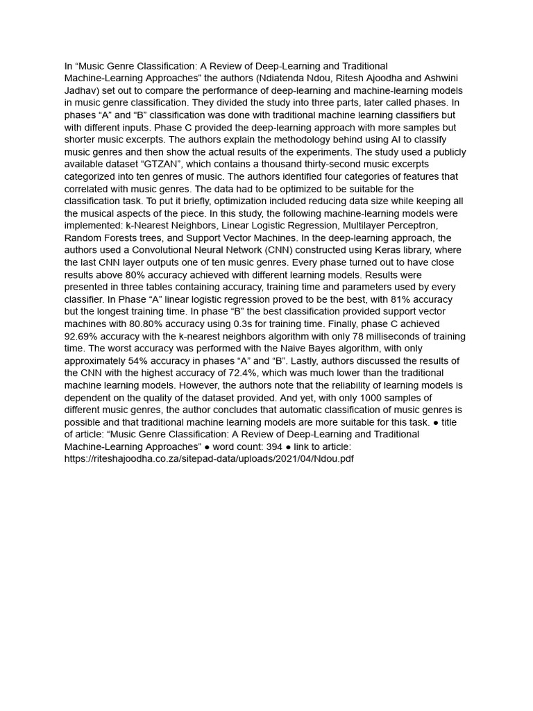 Summary Title of Article_ “Music Genre Classification_ a Review of Deep ... Summary Title of Article_ “Music Genre Classification_ a Review of Deep ...