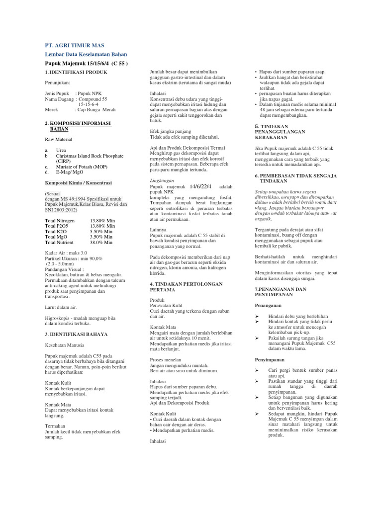 PT. AGRI TIMUR MAS - MSDS - UREA, CIRP, MOP, MgO | PDF