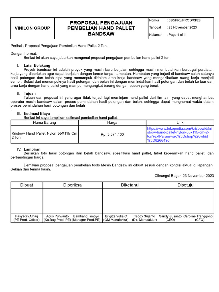Proposal Pembelian Hand Pallet Bandsaw | PDF