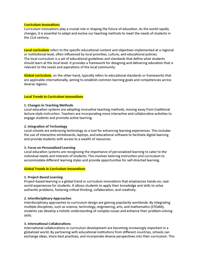 Local and Global Curriculum Innovations | PDF | Curriculum | Project ...
