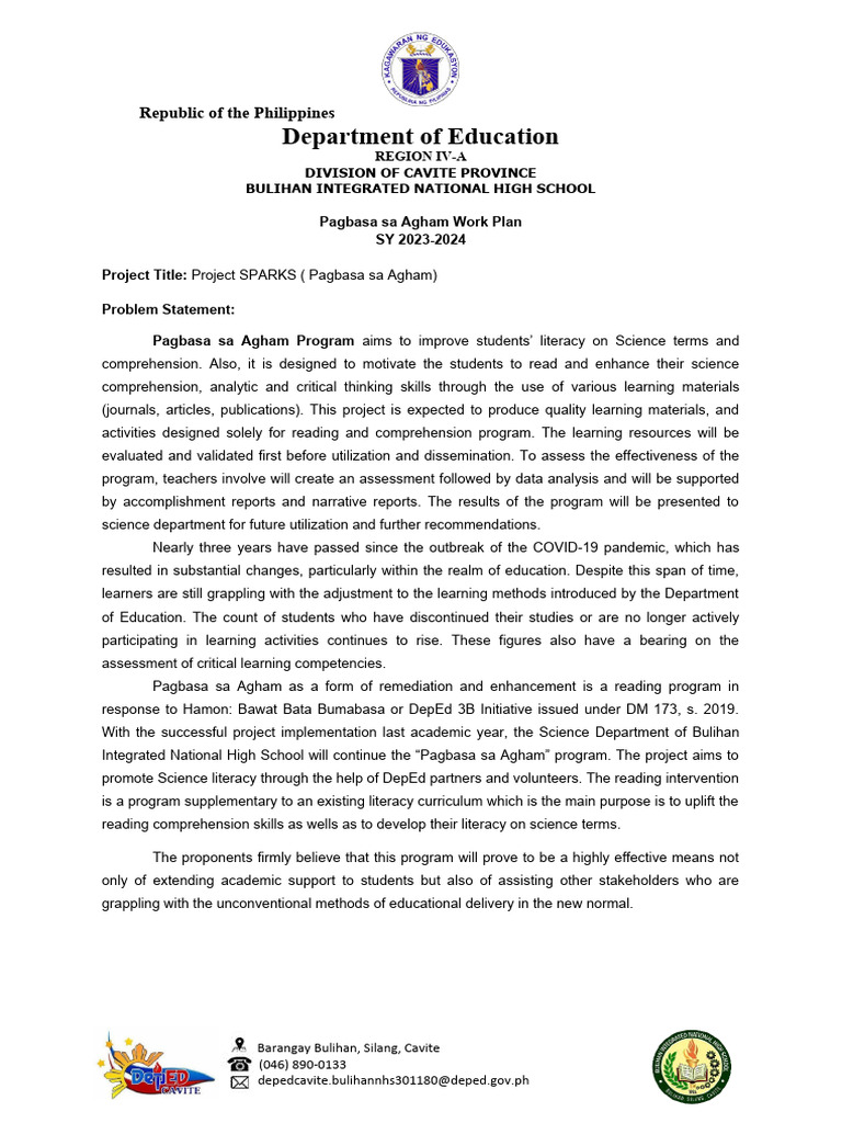 Pagbasa Sa Agham Work Plan | PDF | Literacy | Evaluation