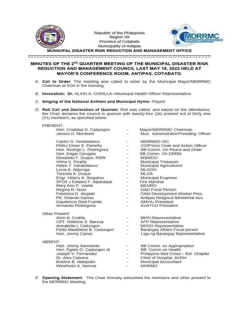 2ND QTR MDRRMC | PDF | Emergency Management | Insurance