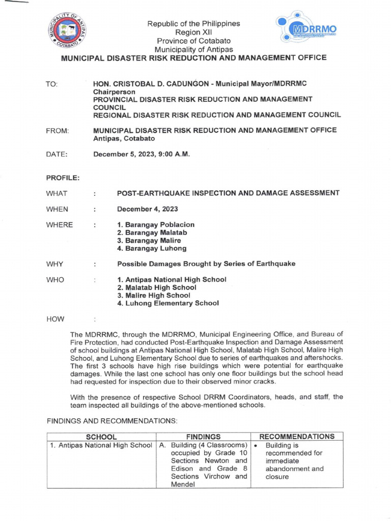 Post Earthquake Inspection and Assessment Report | PDF