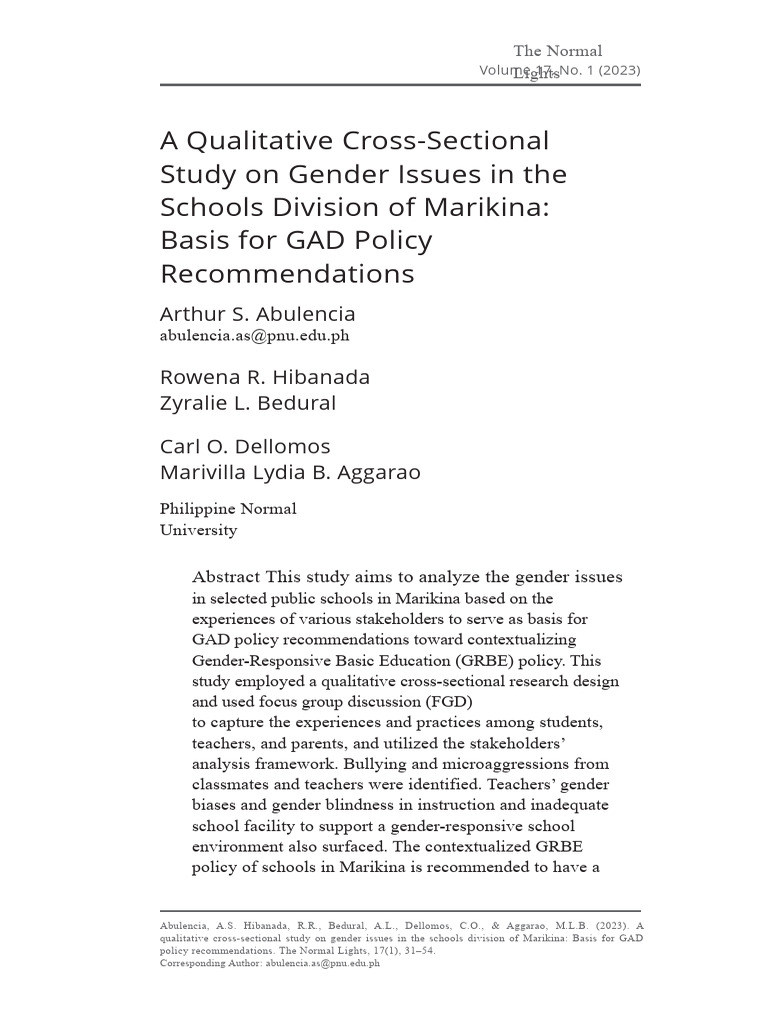 A Qualitative Cross-Sectional Study On Gender Issues in The Schools ...