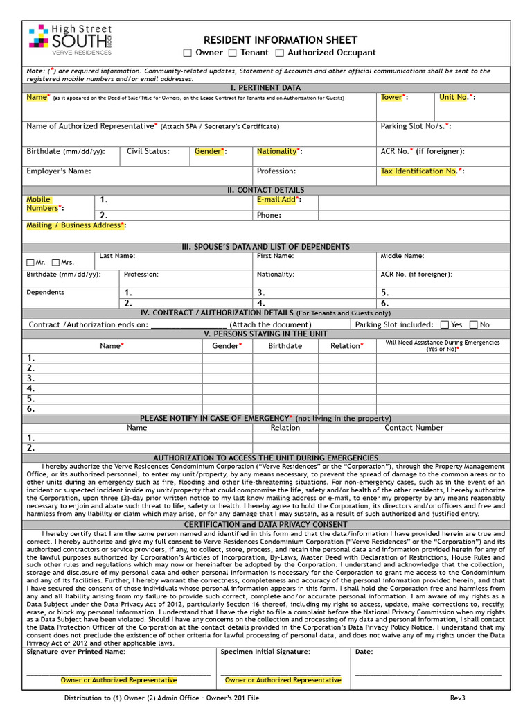 Resident Information Sheet Form | PDF | Privacy | Information Privacy