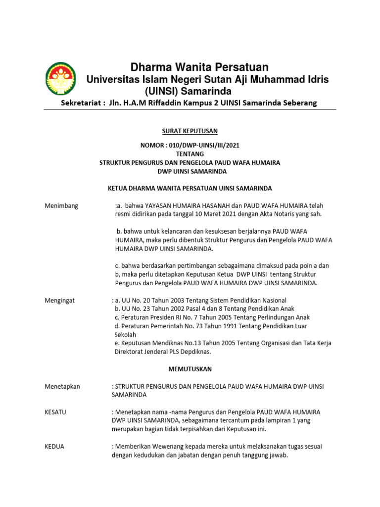 SK Ketua DWP Untuk PAUD Baru | PDF