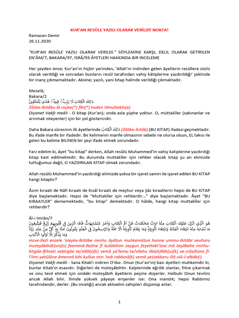 024 Kuran Resule Yazili Olarak Verildi (Enam 7, Bakara 97, Isra 93) | PDF