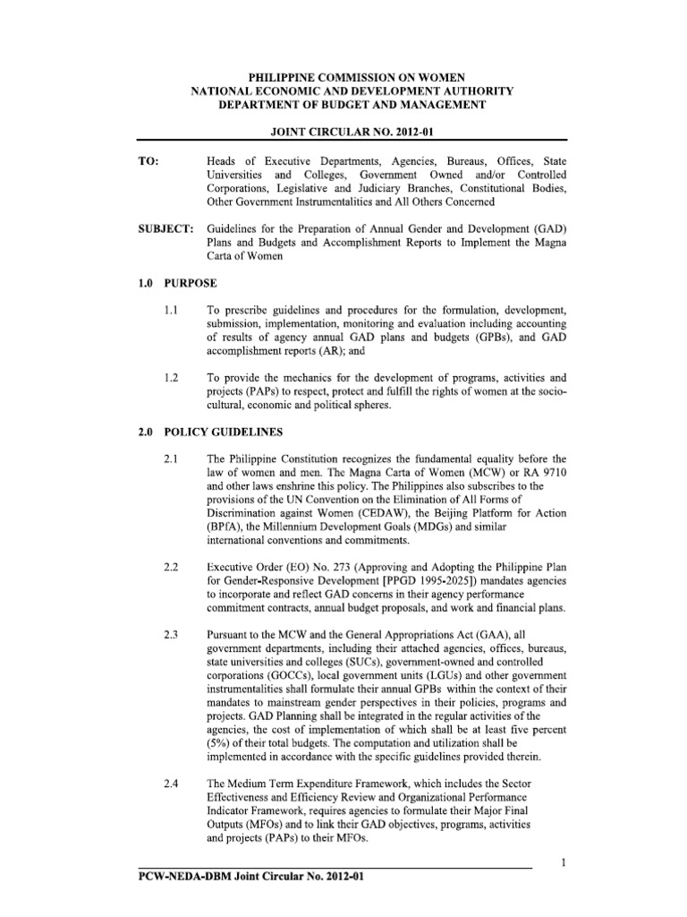 PCW, NEDA, DBM Joint Circular No. 2012-01 - Guidelines On The ...