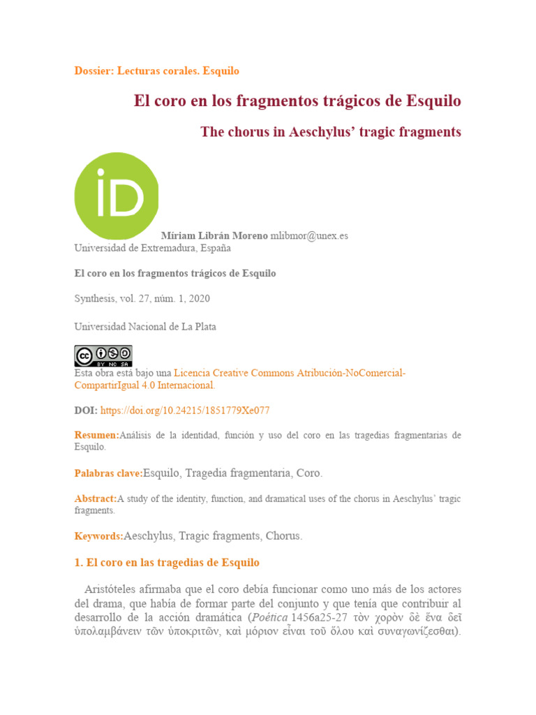 El Coro en Los Fragmentos Trágicos de Esquilo | PDF | Tragedia griega ...