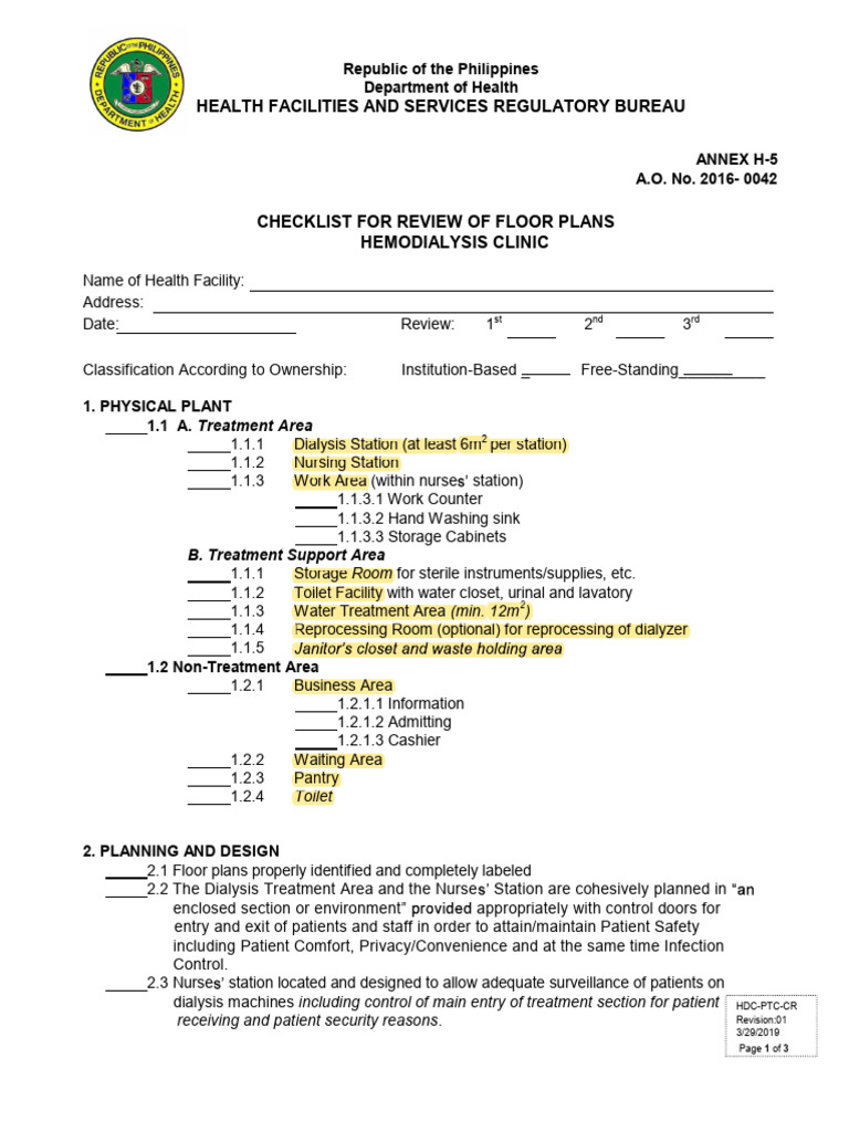 DOH Checklist For Review - HEMODIALYSIS CLINIC | PDF | Hemodialysis ...