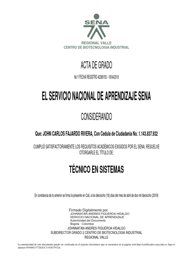 Acta y Diploma Sena | PDF