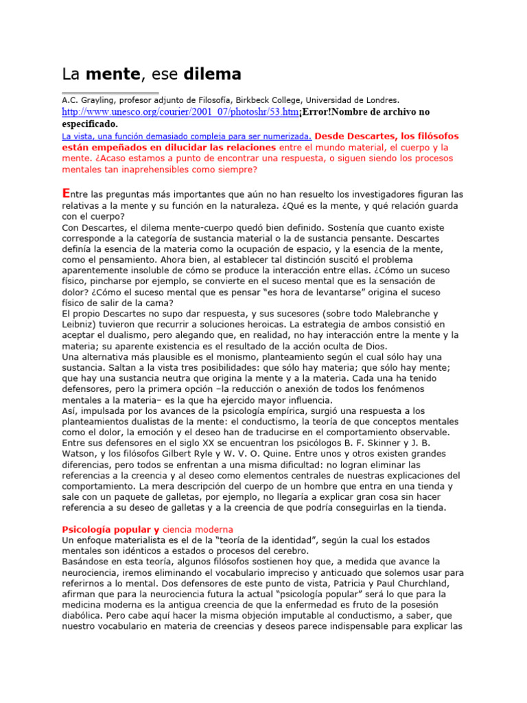 Mente y cuerpo: dilemas filosóficos | PDF | Mente | Conciencia