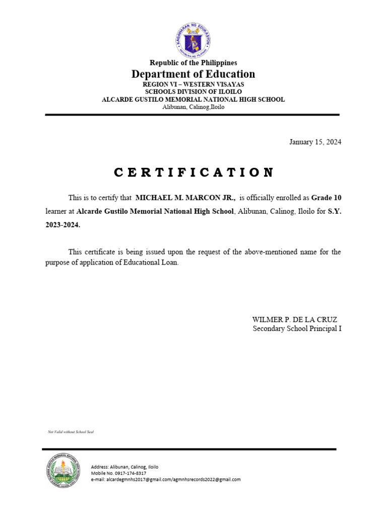 Cert Officially Enrolled - Copy (DSWD) | PDF | Government | Philippines