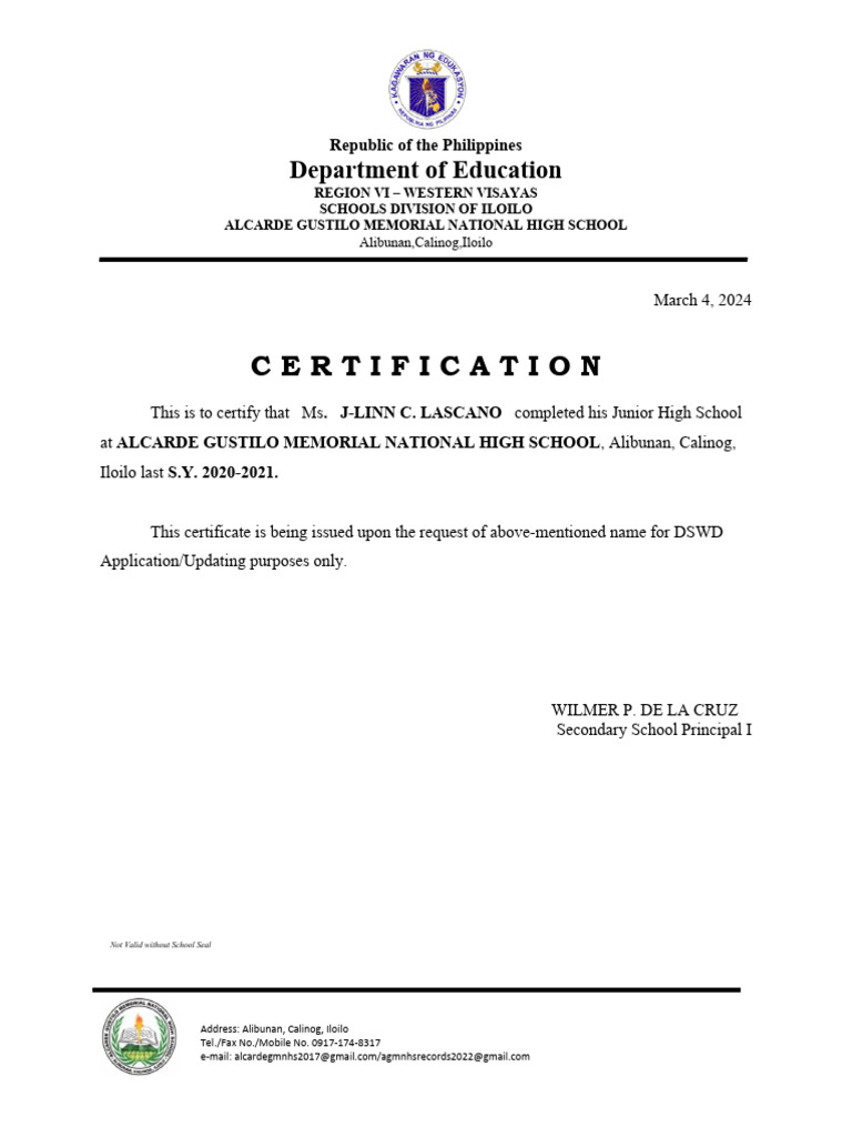 Cert of Jhs Completion | PDF