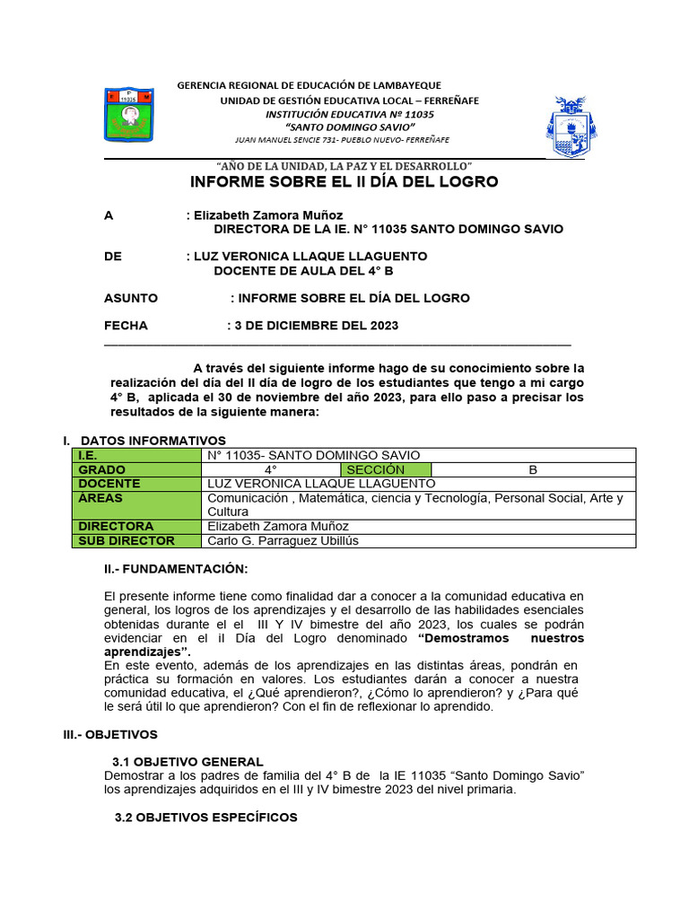 Informe Del Día Del Logro | Descargar gratis PDF | Aprendizaje