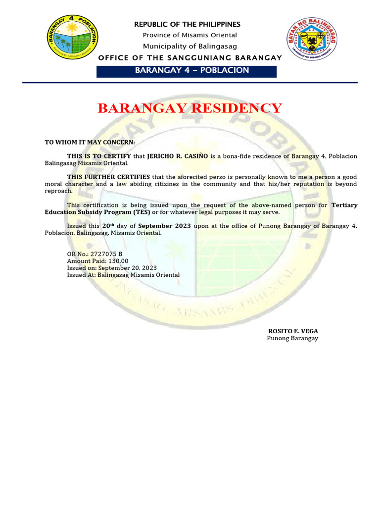 Barangay Certification On Residency | PDF