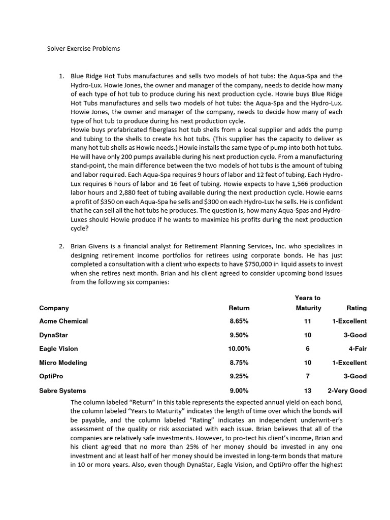 Solver Exercise Problems | PDF | Bonds (Finance) | Financial Markets